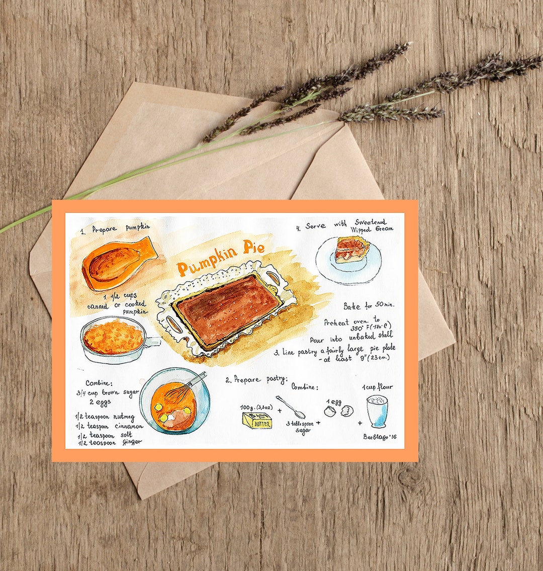 Printable Card | Recipe Pumpkin Pie |kitchen Illustration |instant ...