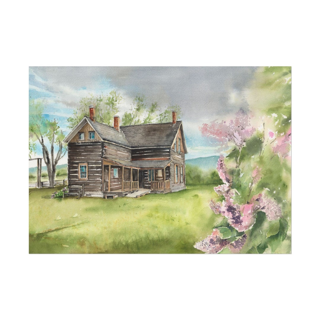 Rolled Posters Watercolor Country Cottage Landscape - Rustic Farmhouse ...