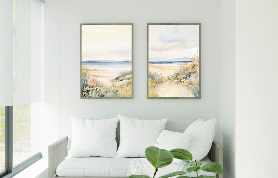 Muted Boho Costal Landscape Prints Set of 2, Watercolor Style, Instant ...
