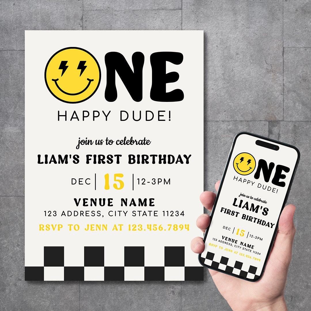 One Happy Dude First Birthday Invitation Template, Printable, Editable ...