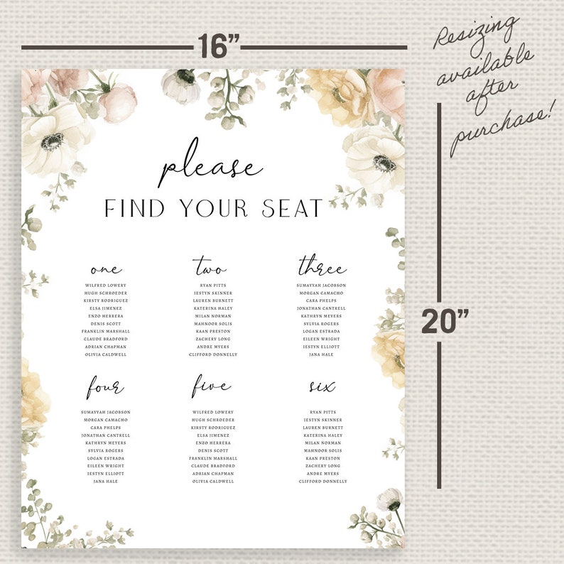 Floral Seating Chart Template | Seating Chart for Showers & Weddings ...