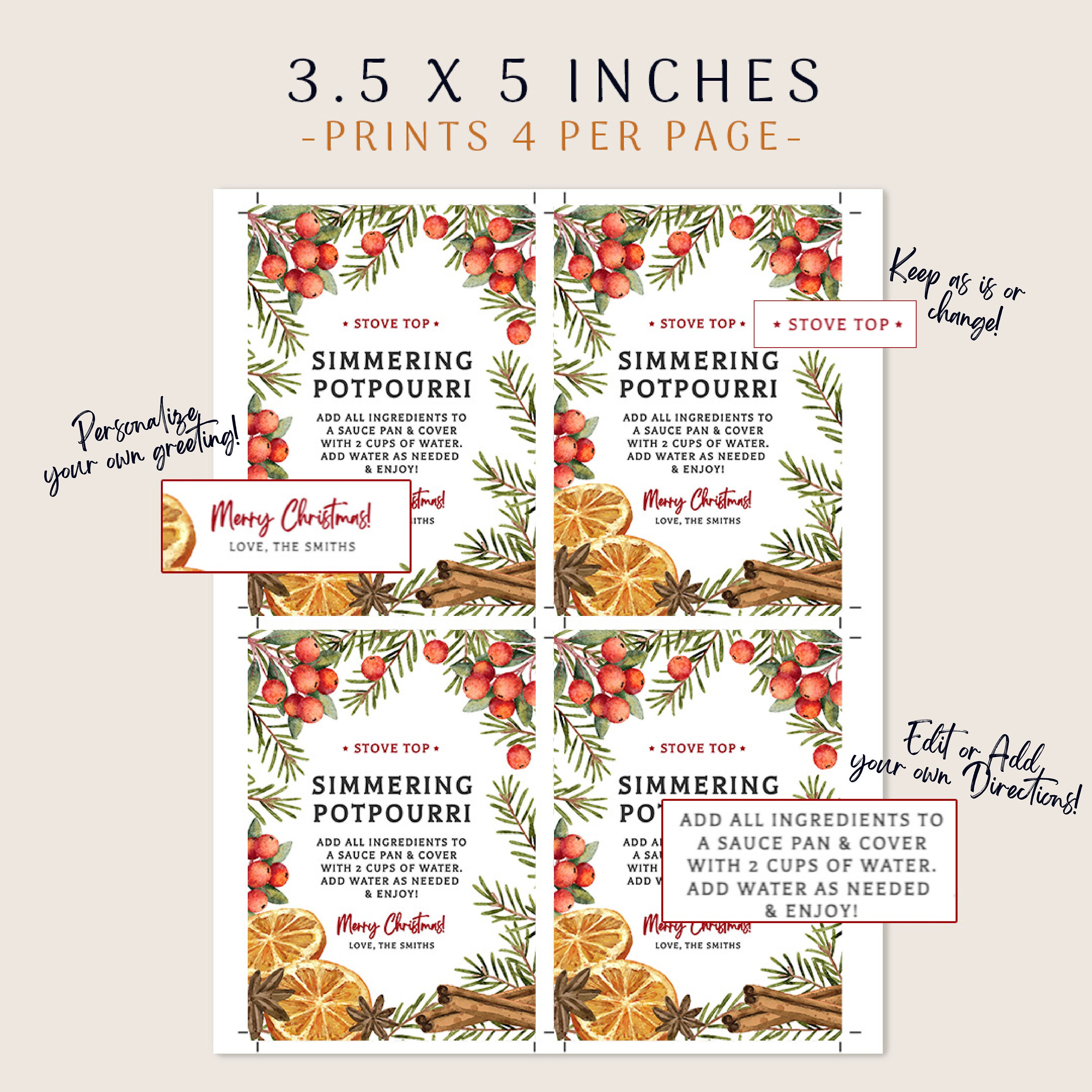 Printable HOLIDAY Stovetop Simmering Potpourri Tag, GIFT Idea, Homemade ...