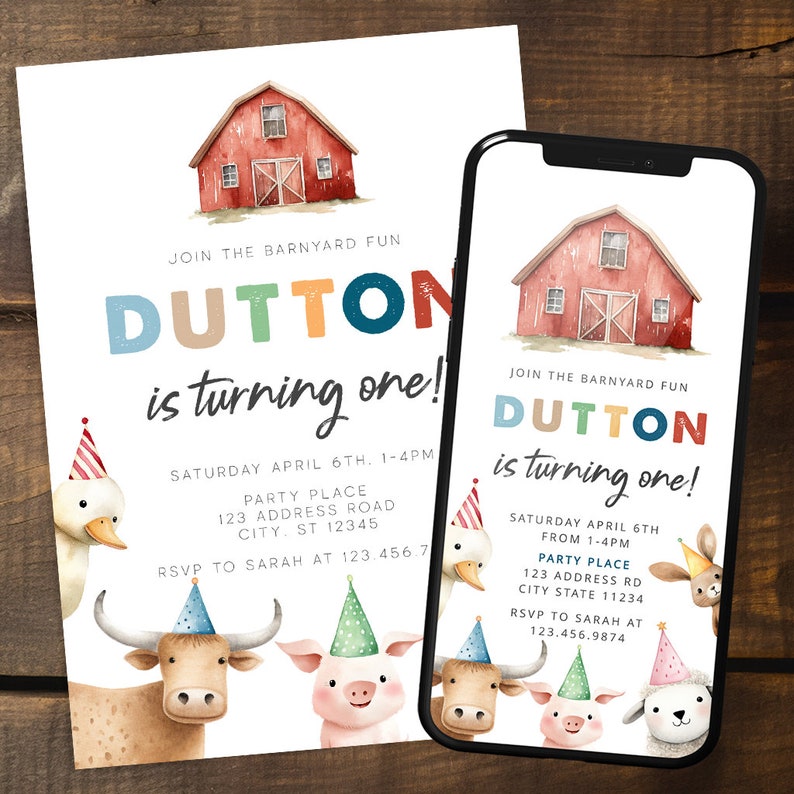 Farm First Birthday Invitation Template | Farm Animals 1st Birthday ...