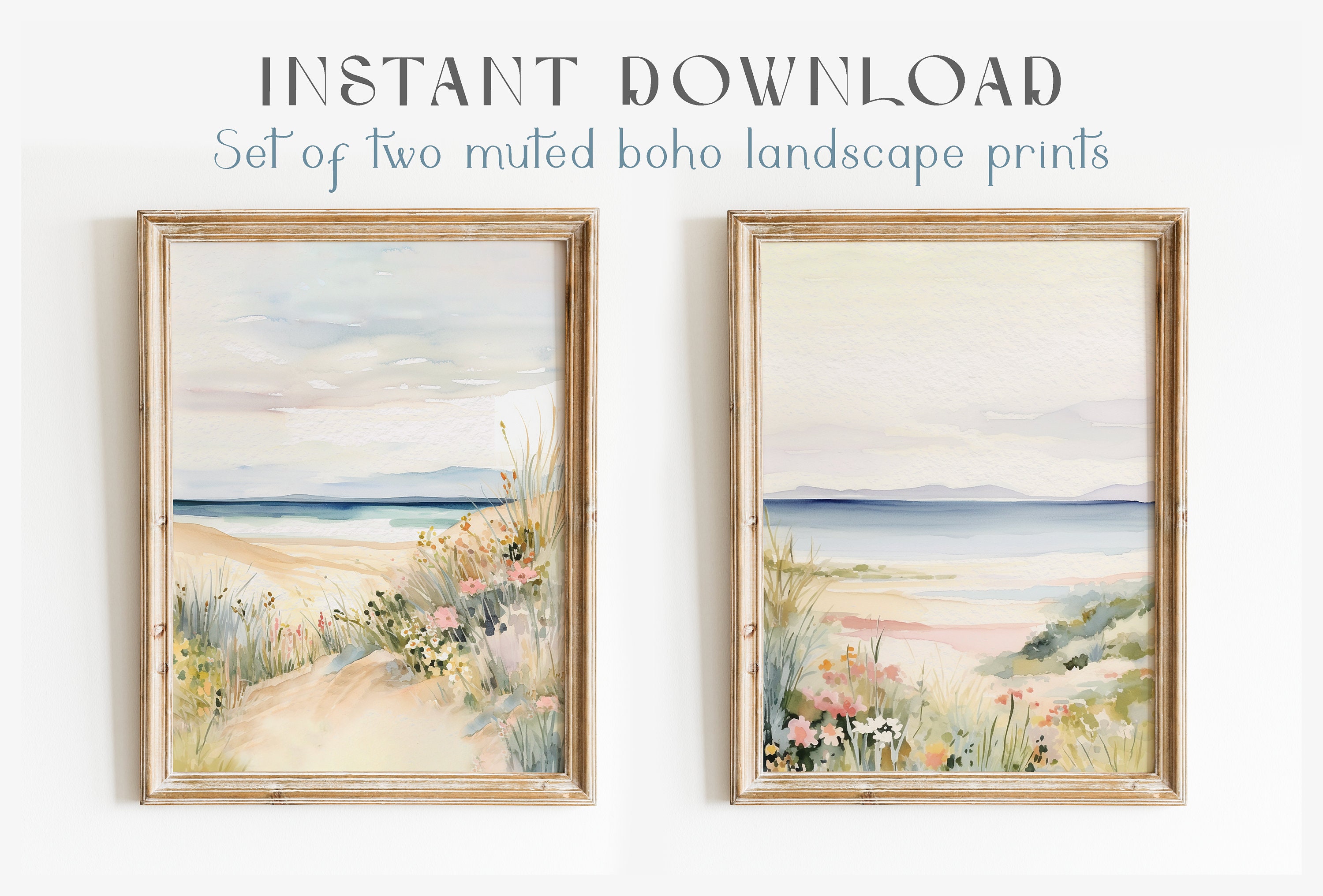 Muted Boho Costal Landscape Prints Set of 2, Watercolor Style, Instant ...