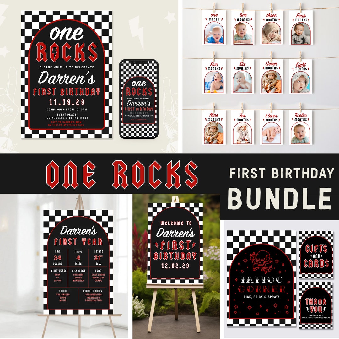 ONE ROCKS - First Birthday Invitation + Signage BUNDLE, Rock N Roll ...