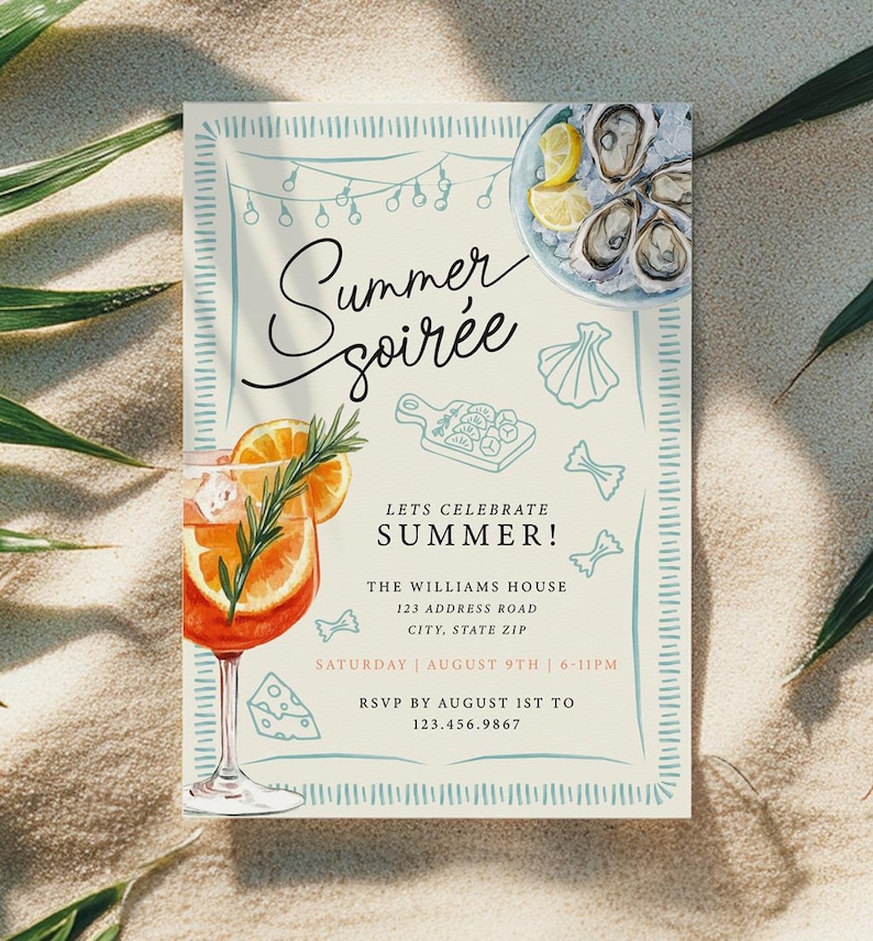 Summer Soirée Invitation | Hand Drawn Drinks Oysters | Summer Party ...