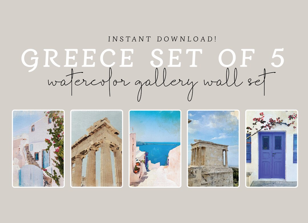 Greece Set of 5 Watercolor Digital Prints, Instant Download, Gallery ...