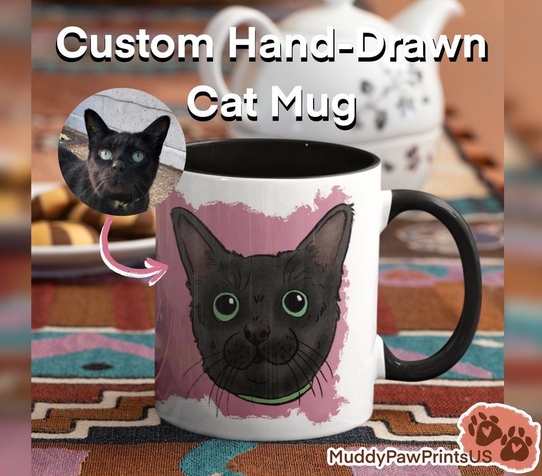 Custom Drawing Cat Coffee Mug Cartoon Cat Gift for Cat Lover Pet Coffee ...