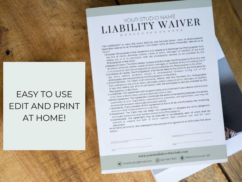 Photography Liability Waiver Template Business Form for Photographer ...