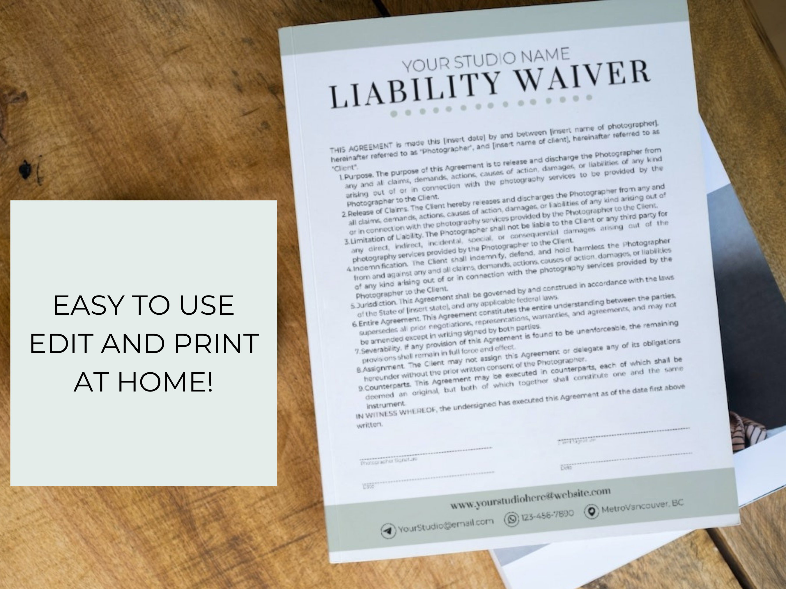 Photography Liability Waiver Template Business Form for Photographer ...