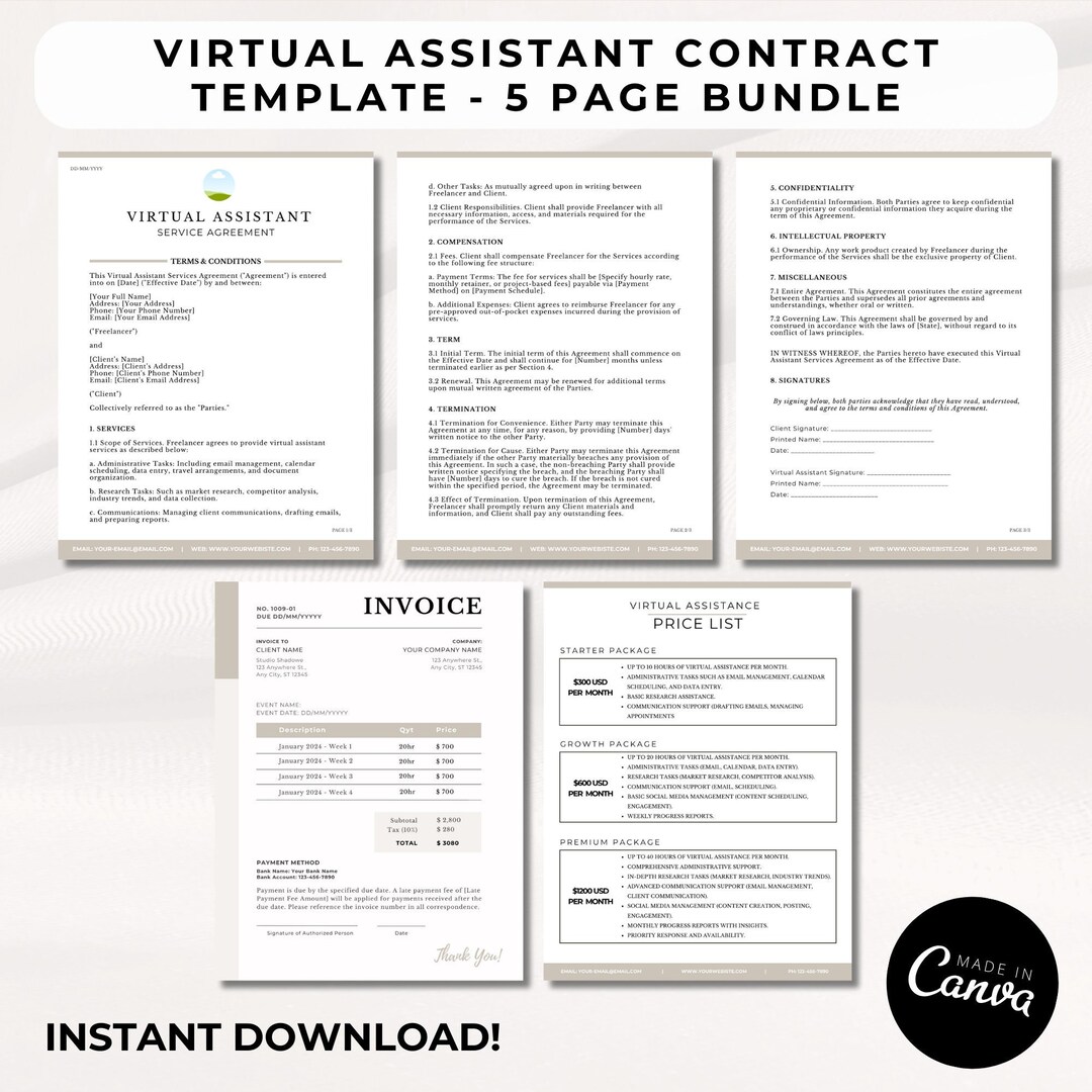 Virtual Assistant Contract Template, Client Service Agreement for ...