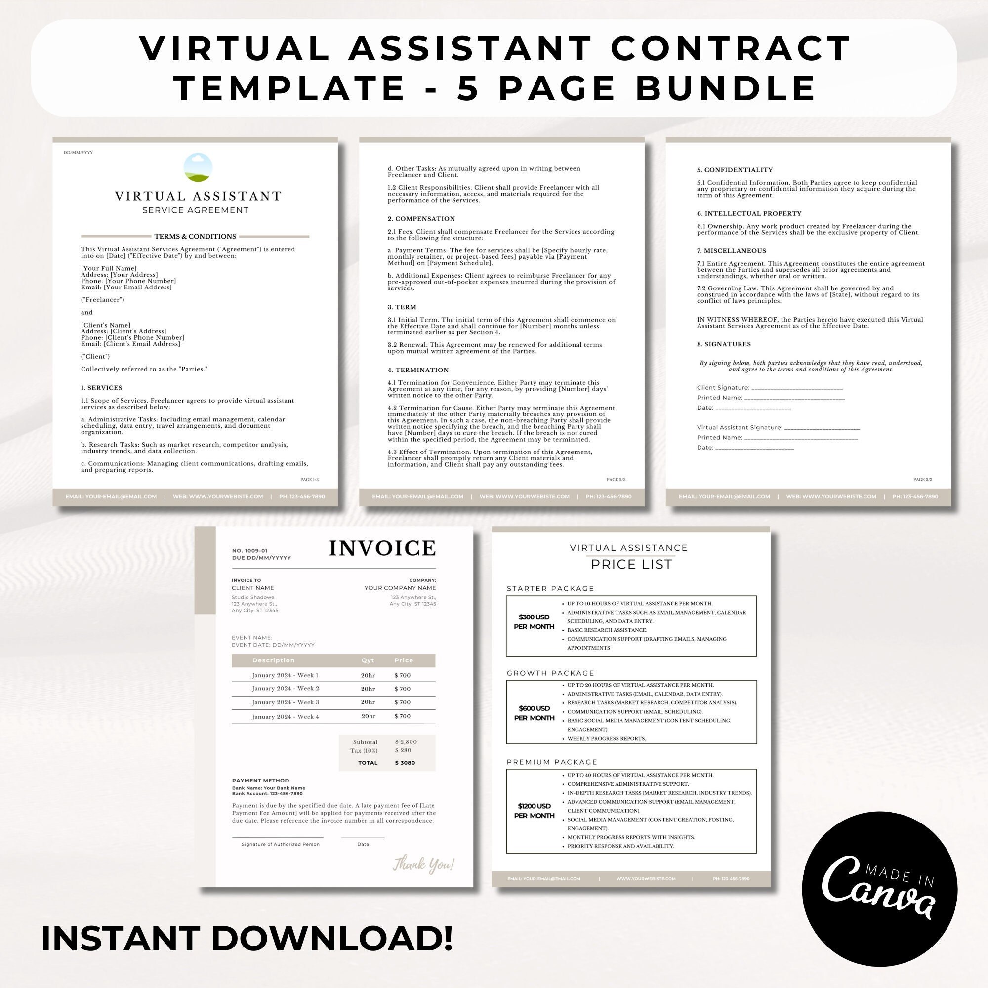 Virtual Assistant Contract Template, Client Service Agreement for ...
