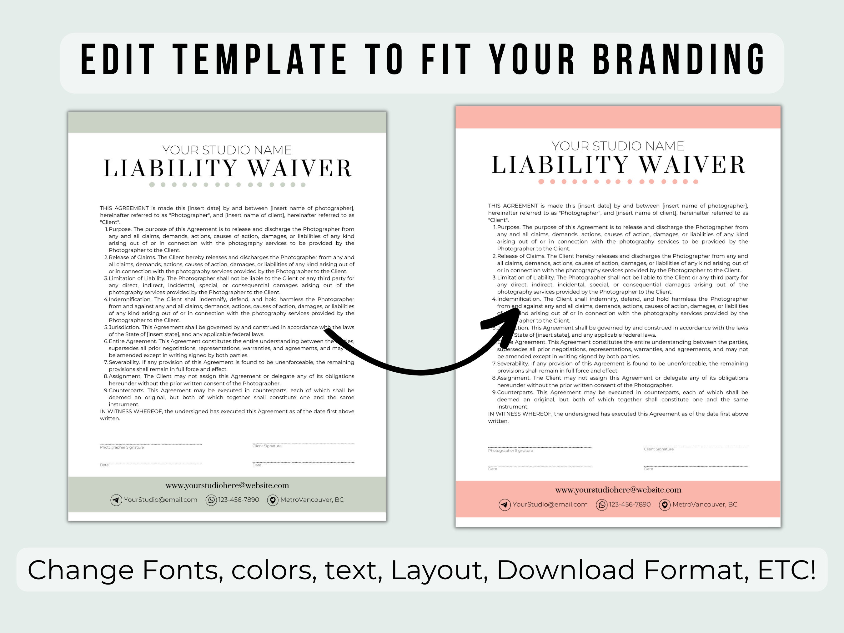 Photography Liability Waiver Template | Business Form for Photographer ...