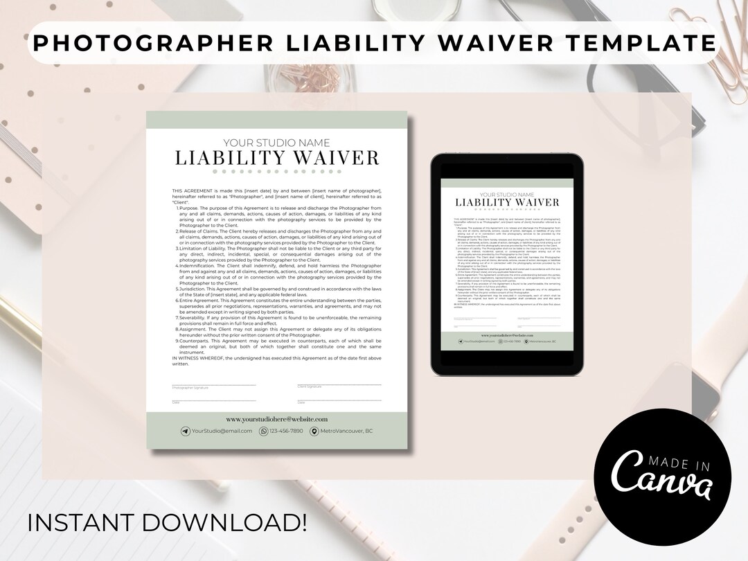 Photography Liability Waiver Template Business Form for - Etsy