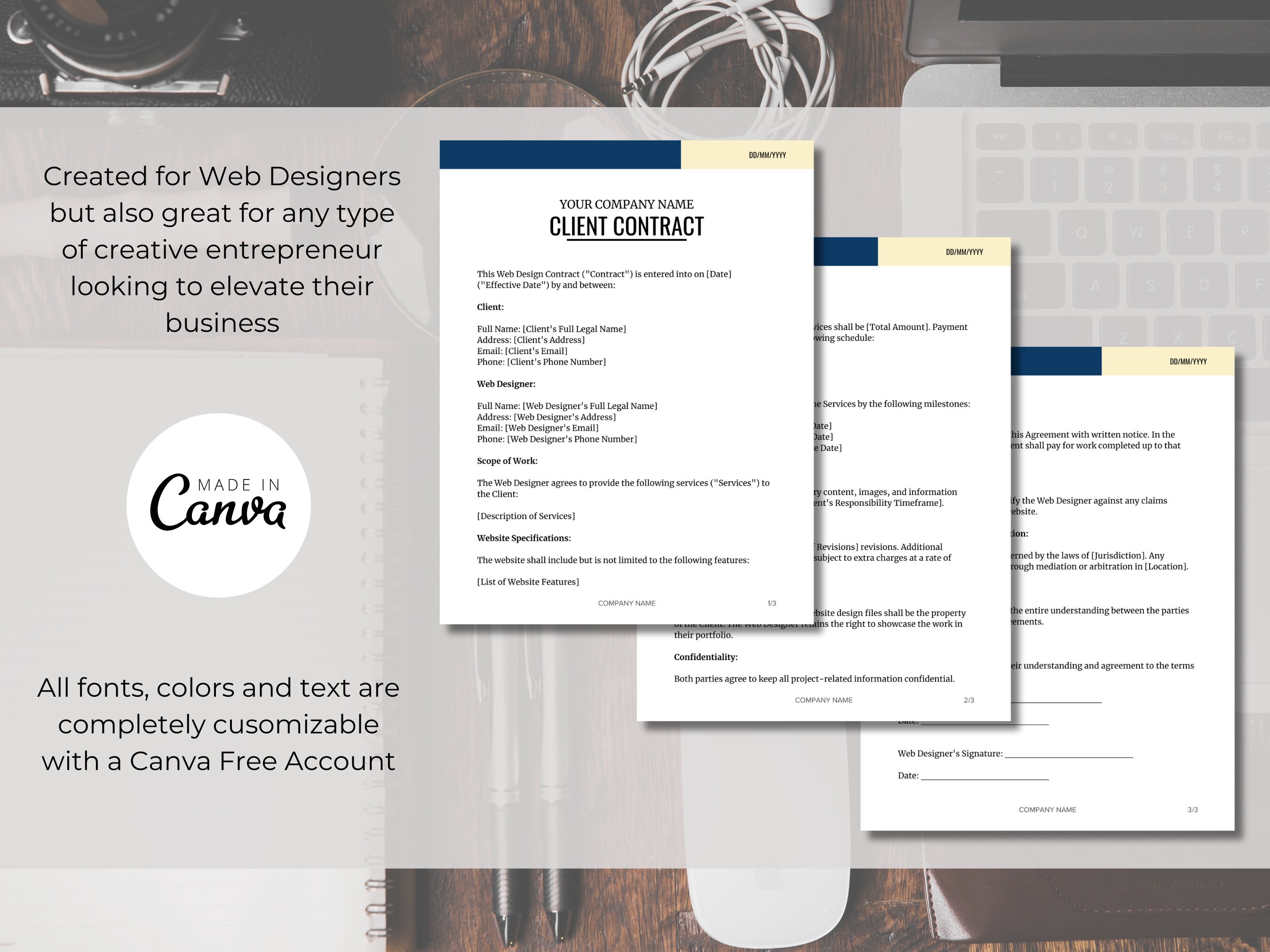 Web Designer Contract Template | Customizable Client Service Agreement, Editable, Printable, for ...