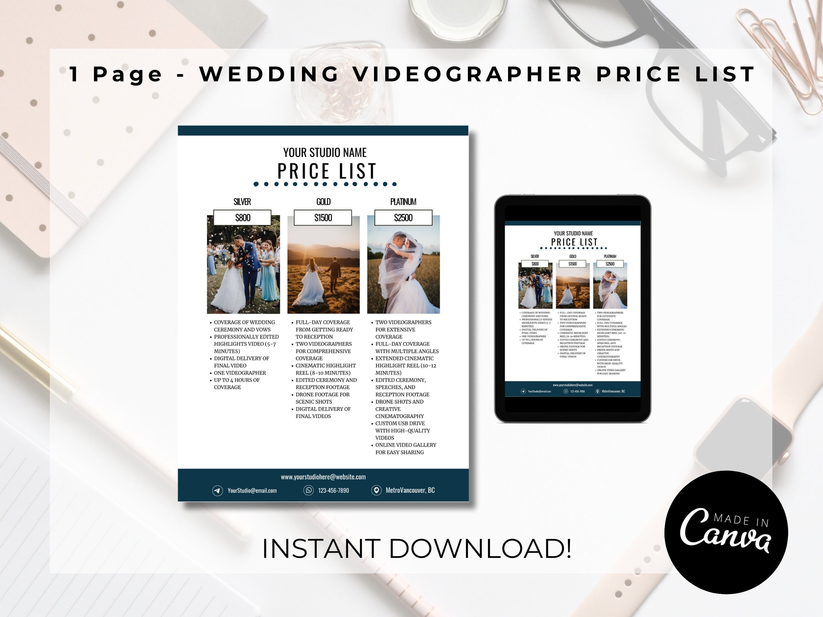 Price List Template for Videographer | Printable, Wedding Packages ...