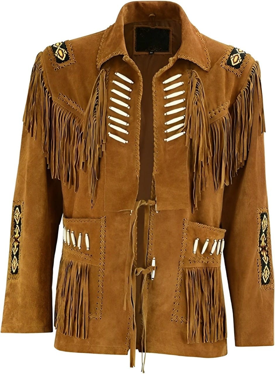 Mens Traditional Western American Suede Leather Jacket Fringe & Beads ...