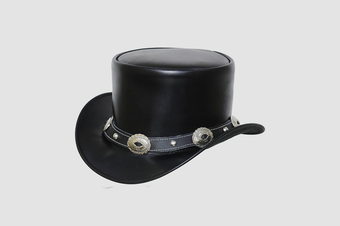 Top Hat-rocker Black Leather Slash Style Conchos Bandgothic - Etsy