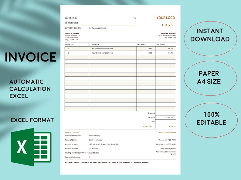 Invoice Template, Invoice Template Excel, Automatic Calculation Invoice Template for Small ...