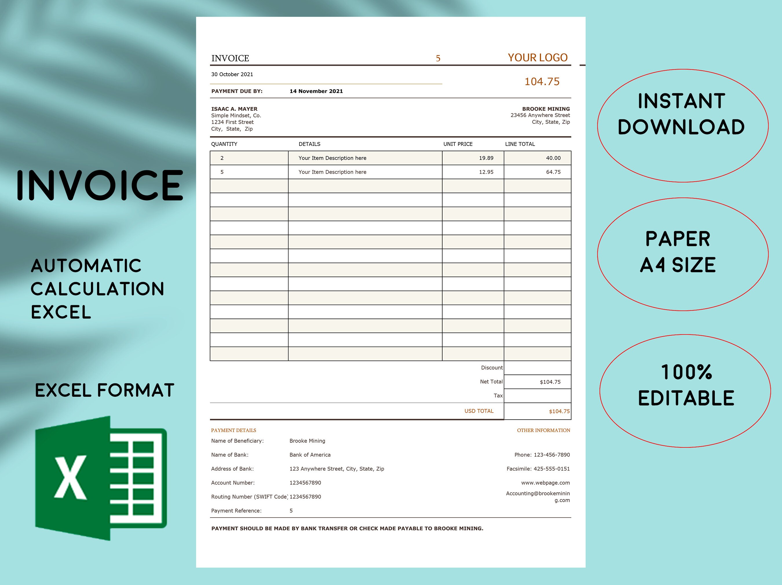 Invoice Template, Invoice Template Excel, Automatic Calculation Invoice ...