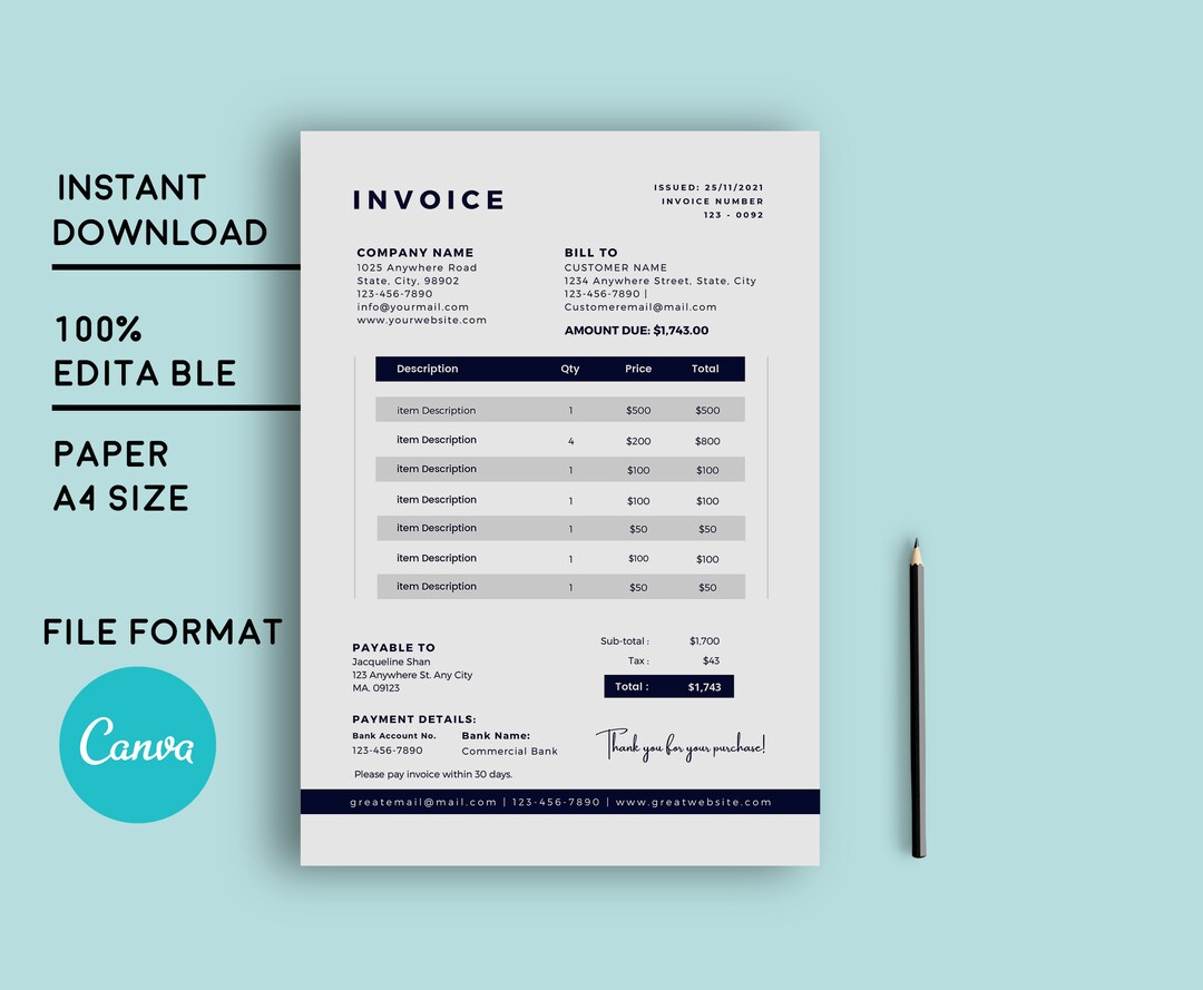 Invoice Template, Canva Invoice Template Download, Business Invoice ...