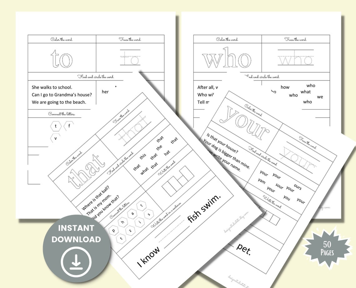 50 Printable Sight Words Kindergarten Worksheets Practice Spelling ...