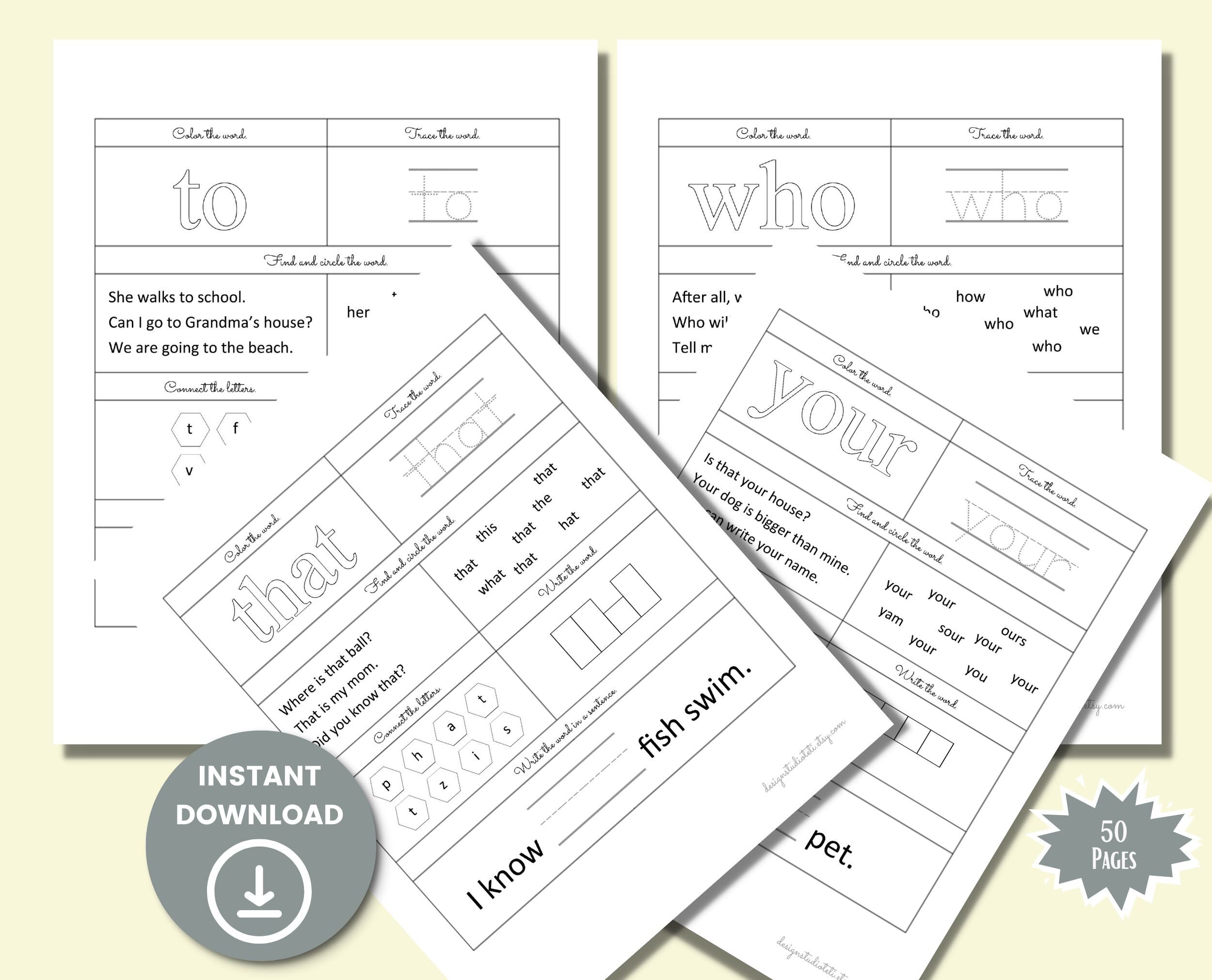 50 Printable Sight Words Kindergarten Worksheets Practice Spelling ...