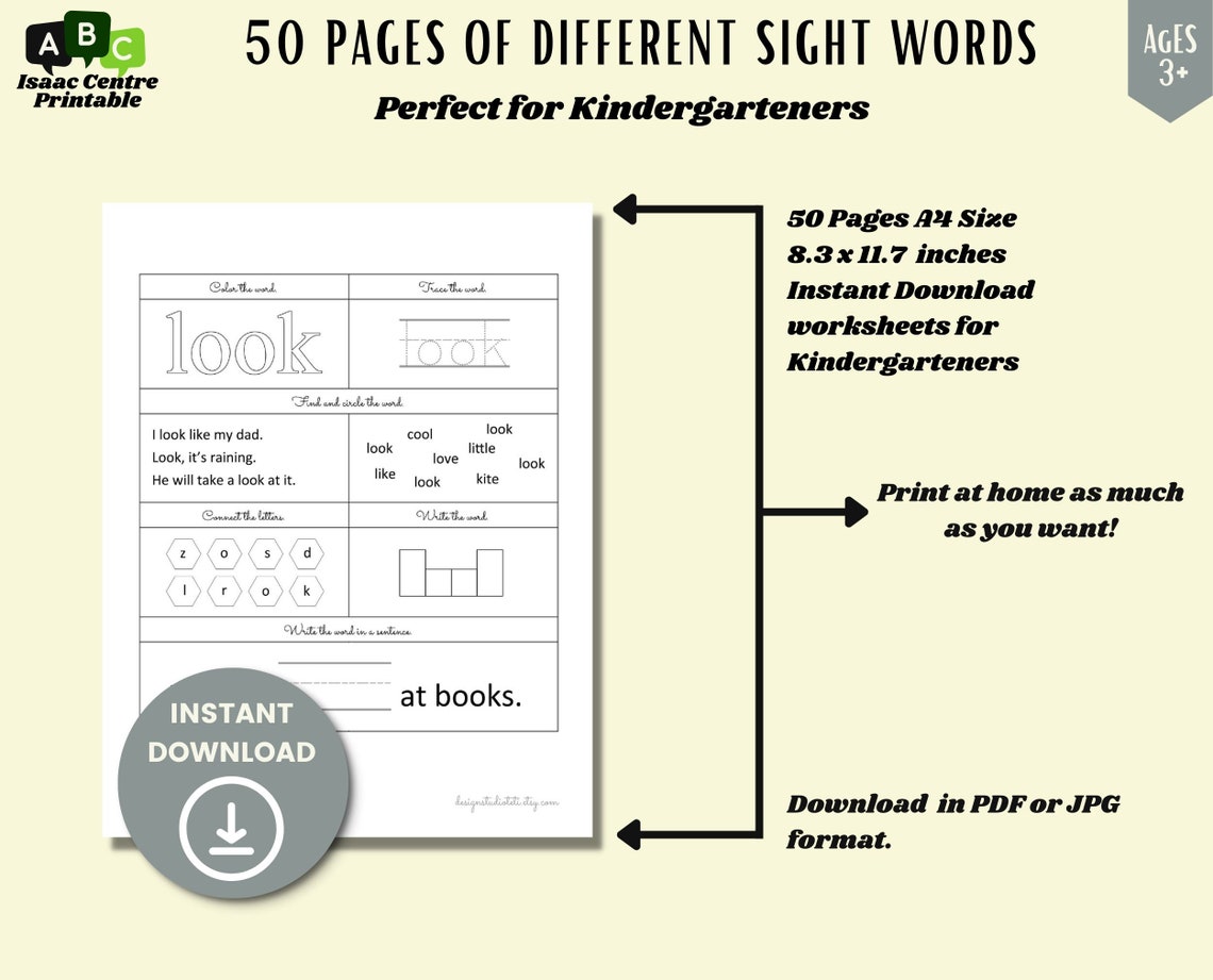 50 Printable Sight Words Kindergarten Worksheets Practice Spelling ...