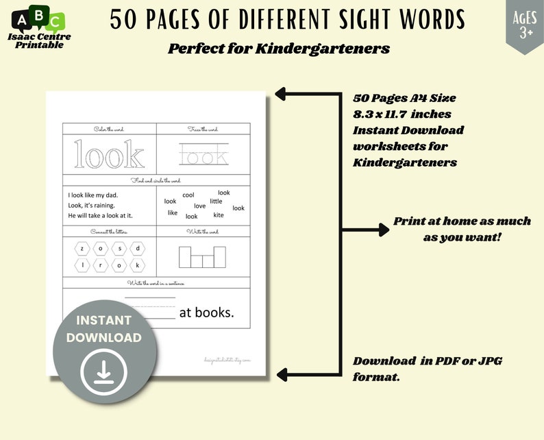 50 Printable Sight Words Kindergarten Worksheets Practice - Etsy