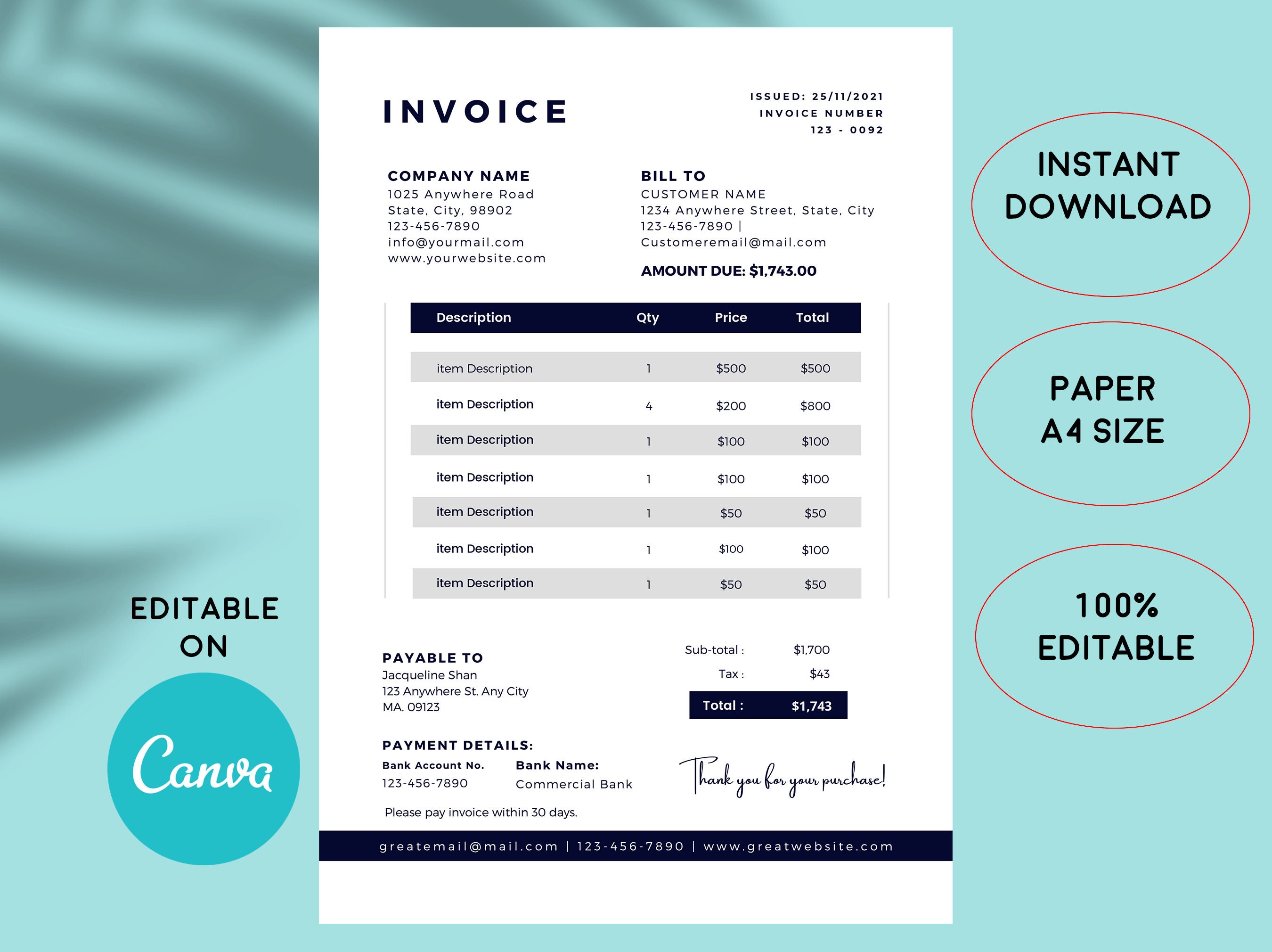 Invoice Template, Canva Invoice Template Download, Business Invoice ...