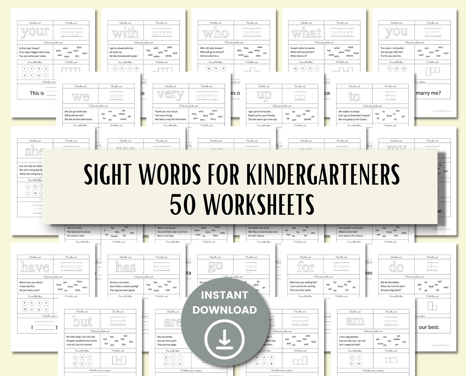 50 Printable Sight Words Kindergarten Worksheets Practice Spelling ...