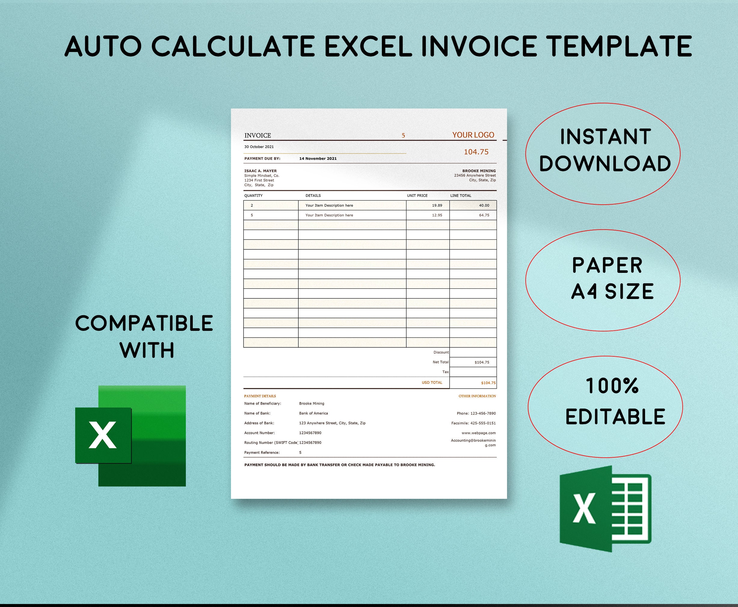 Invoice Template, Invoice Template Excel, Automatic Calculation Invoice ...