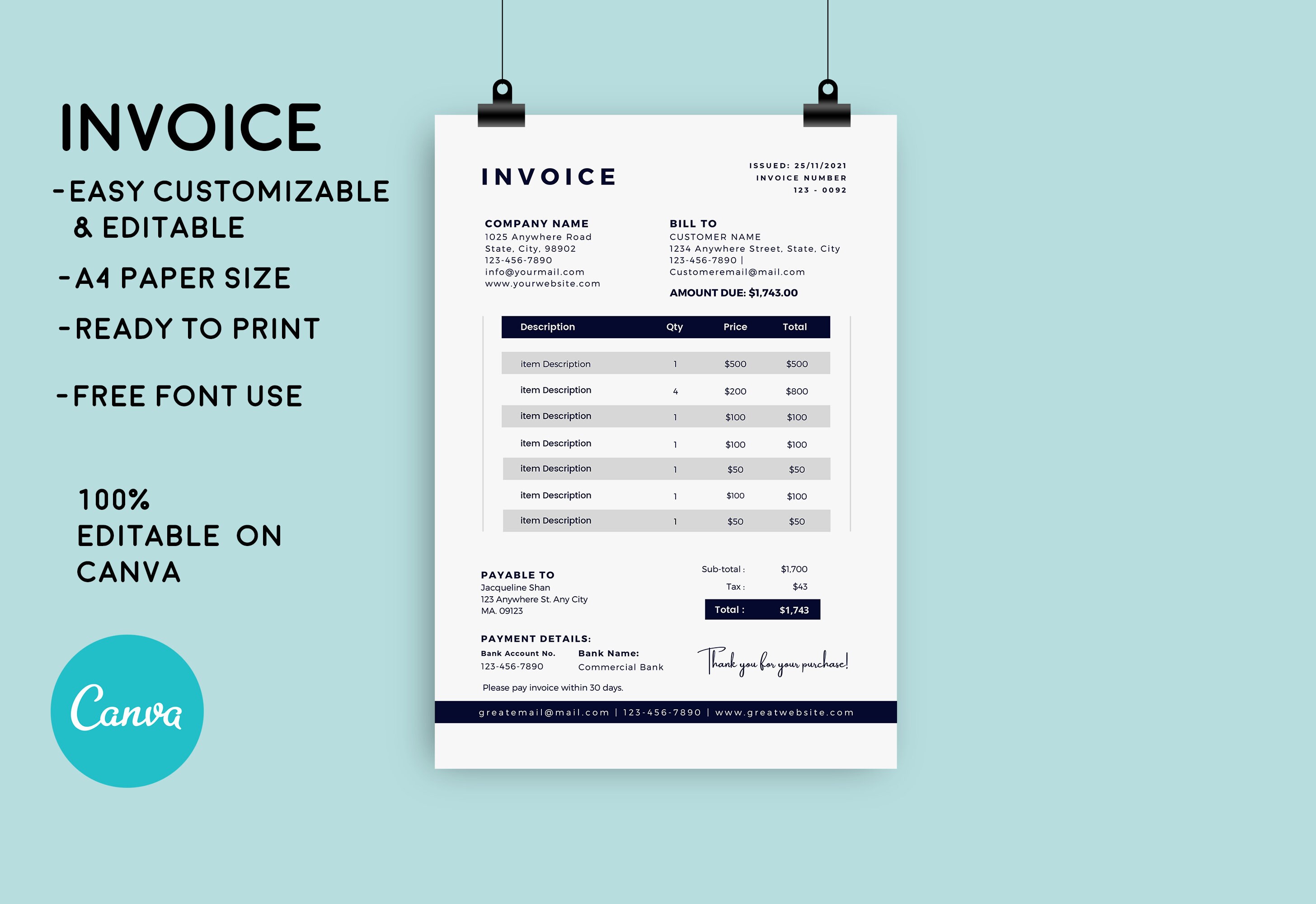 Invoice Template, Canva Invoice Template Download, Business Invoice ...