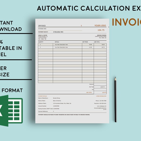 Invoice Template Auto Calculation Excel - Etsy