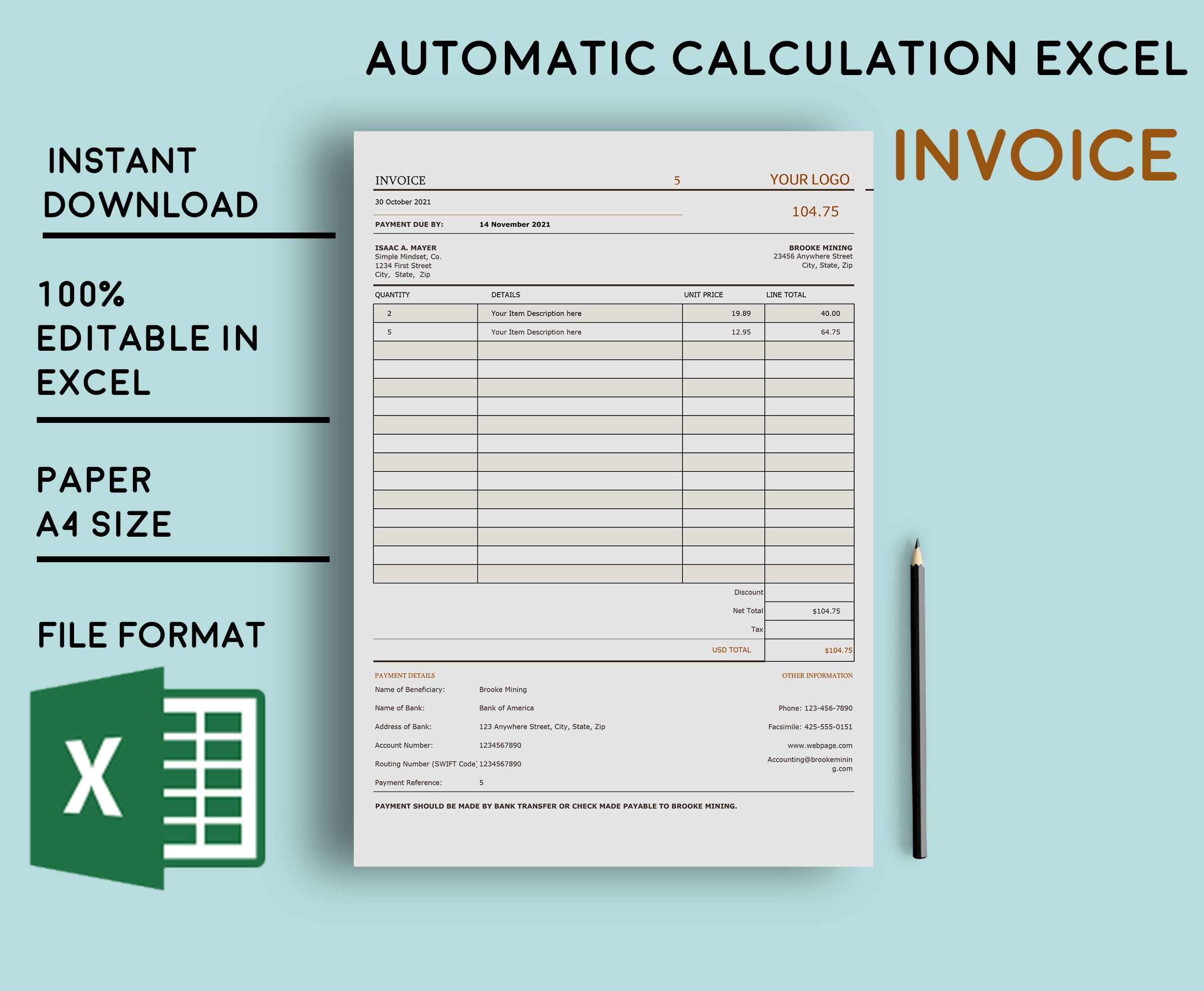 Invoice Template Invoice Template Excel Automatic - Etsy