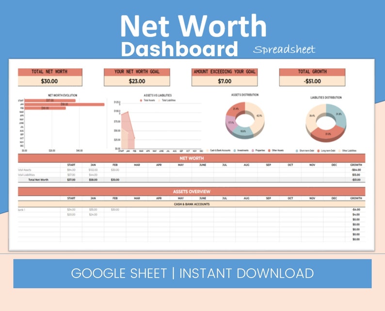 Net Worth Tracker Spreadsheet Template for Google Sheets, Net Worth ...