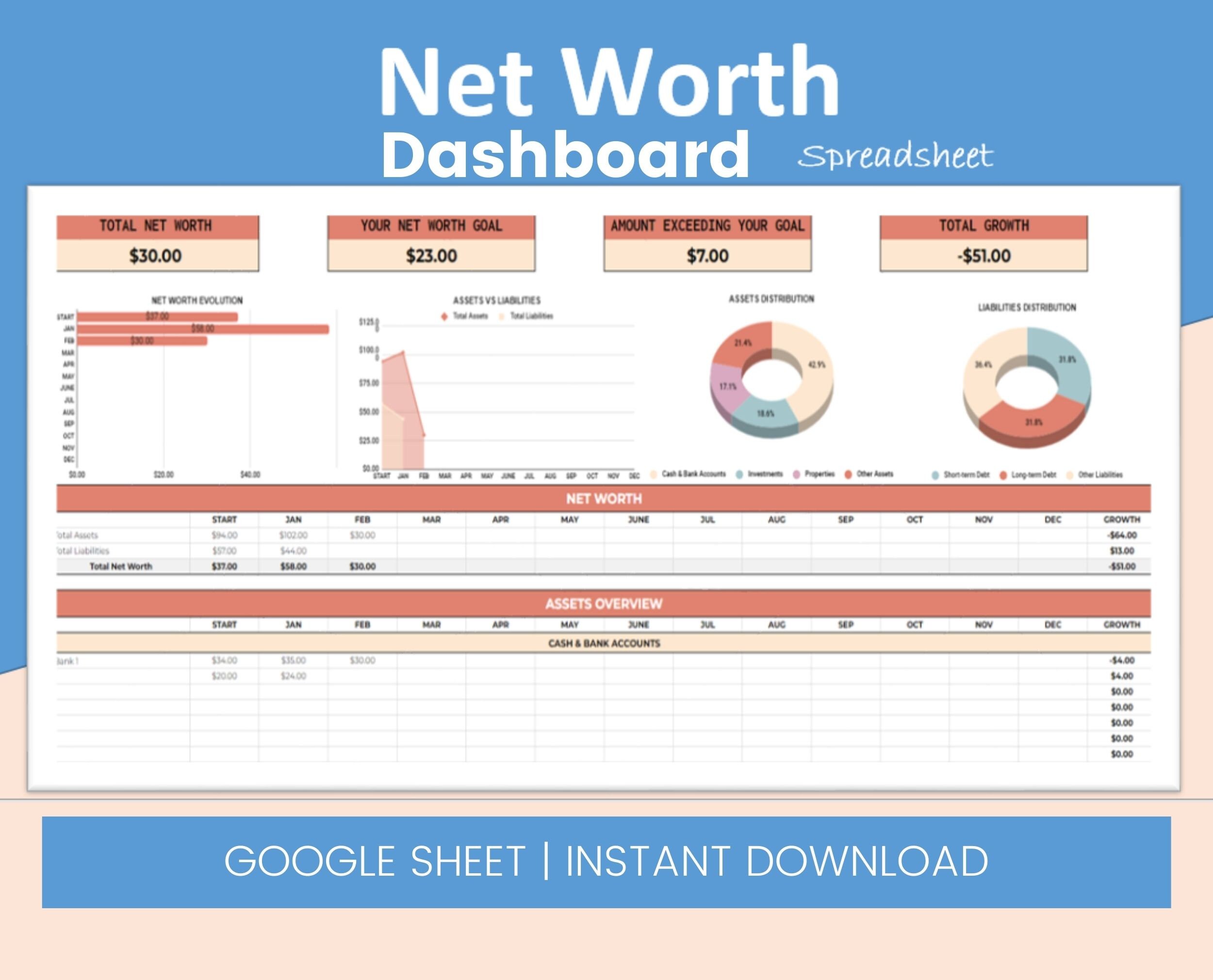 Net Worth Tracker Spreadsheet Template for Google Sheets, Net Worth ...