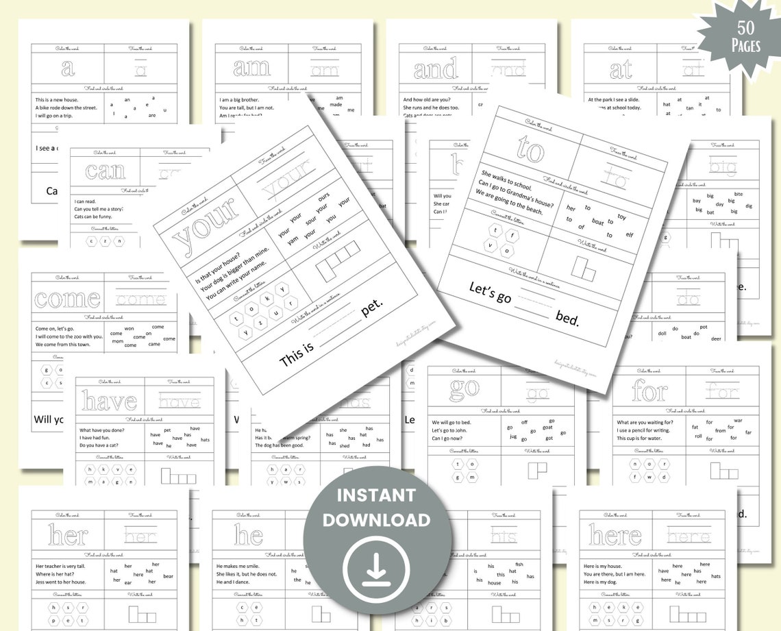50 Printable Sight Words Kindergarten Worksheets Practice Spelling ...