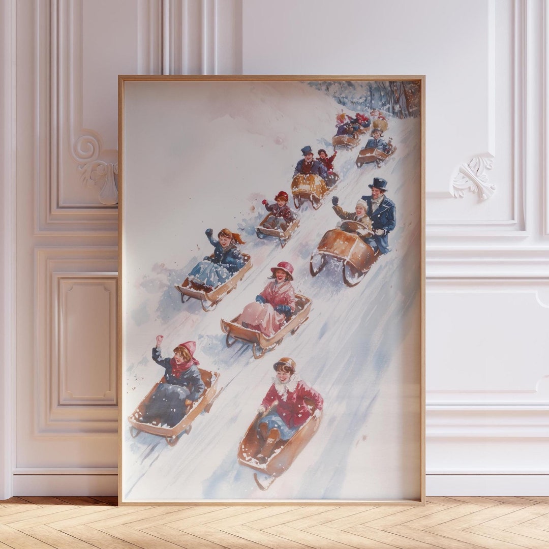 Nostalgic Holiday Art Print | Vintage Sledding Scene | Cozy Christmas ...