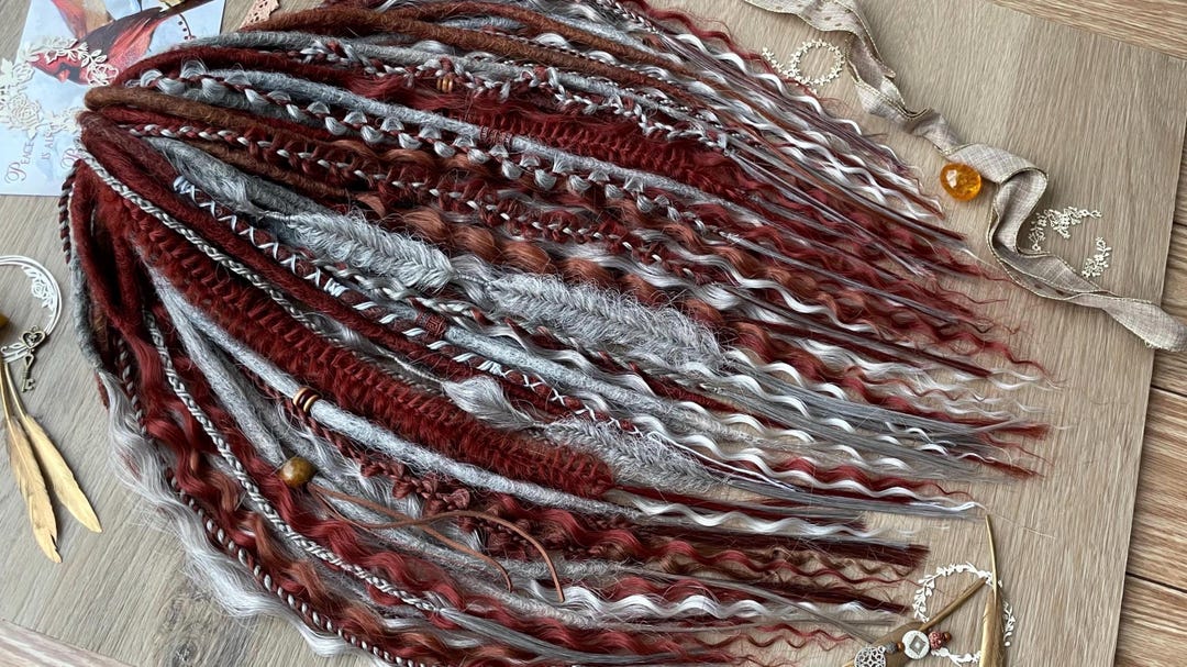 Mahogany & Silver Gray Dreads: Braids, Curls, Beaded Viking Style DE ...