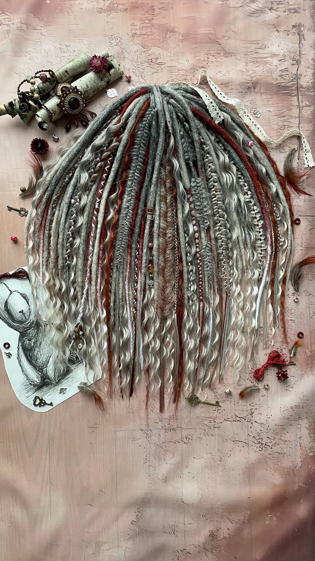 Silver Grey Dreads: Rust Red Braids, Beaded Viking Hair Extensions - Etsy