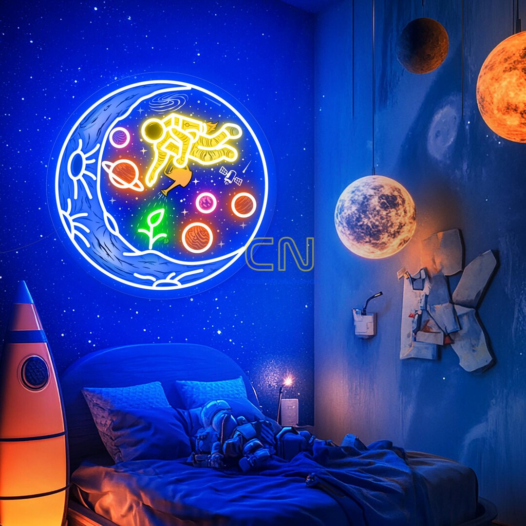 Astronaut Flying on Moon Neon Sign, UV Printing Acrylic Sign, Handmade ...