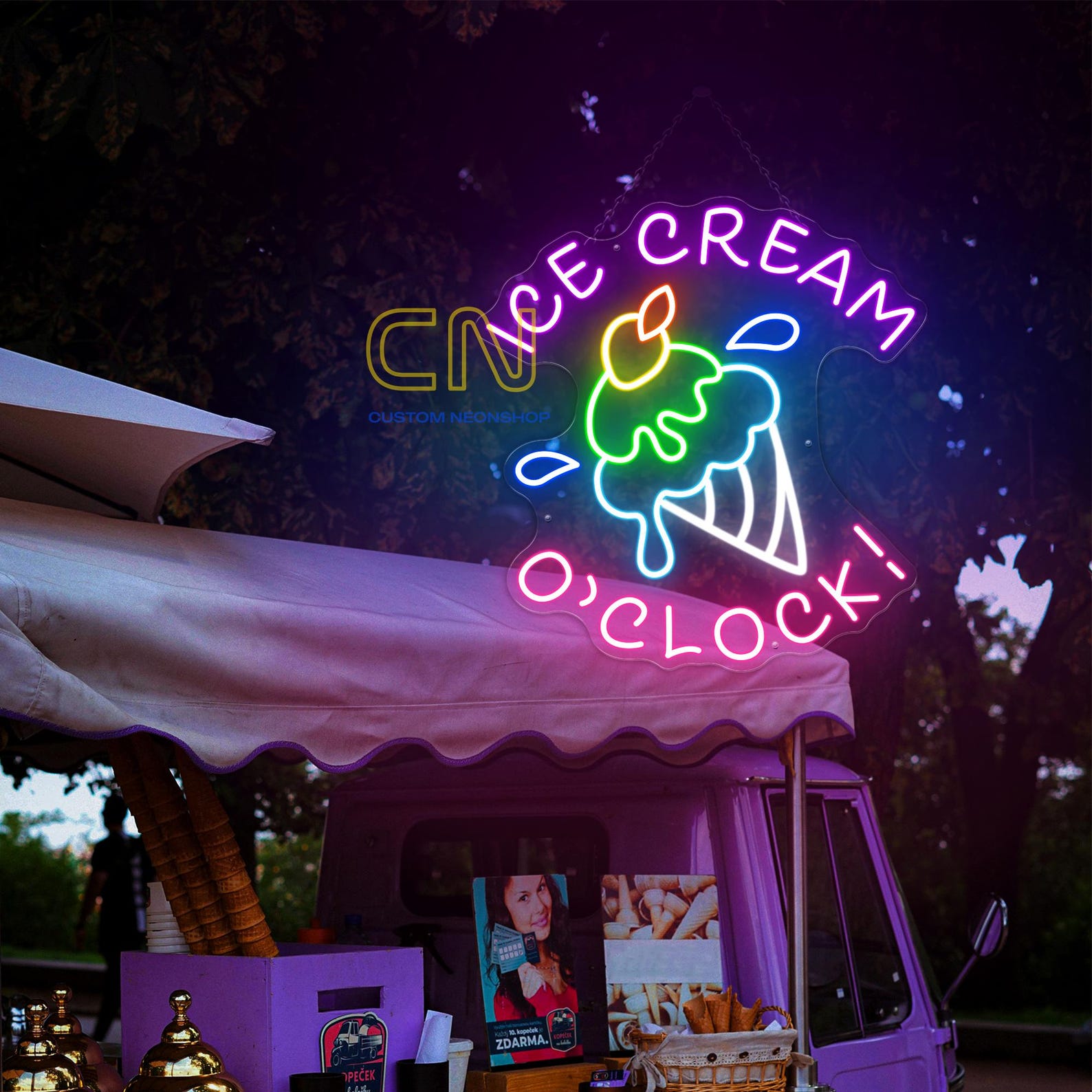 Ice Cream O'clock Neon Sign, Ice Cream Neon Sign, Business Ice Cream ...