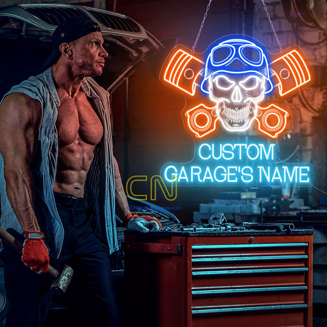 Custom Garage Name Neon Sign Skull Garage Neon Sign Skull 3D Carving ...