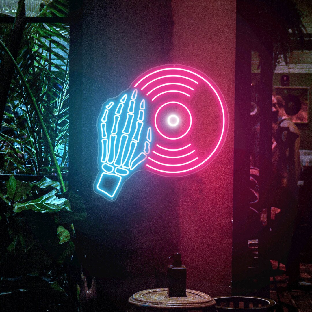 Vinyl Neon Sign Skull Hand Neon Sign Vinyl Record Decor Music Decor Neon Sign Bedroom