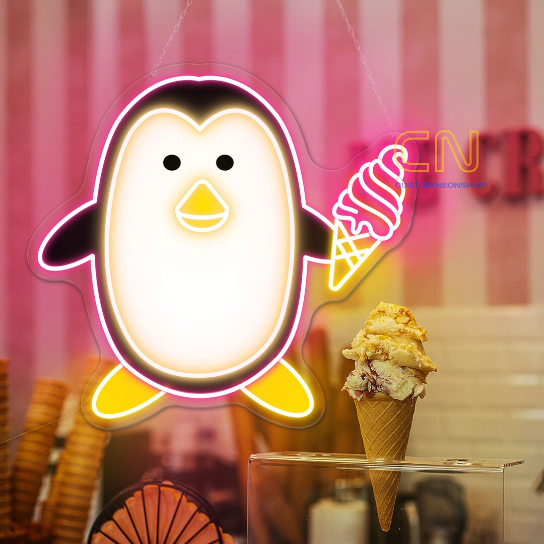 Penguin With Ice Cream Cone Neon Sign Penguin UV Printing LED Sign ...