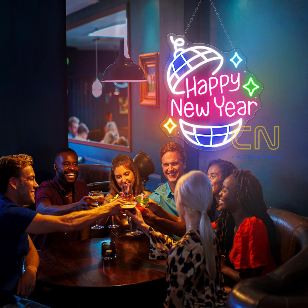Happy New Year With Disco Ball Neon Sign, Disco Party Sign, Happy New ...
