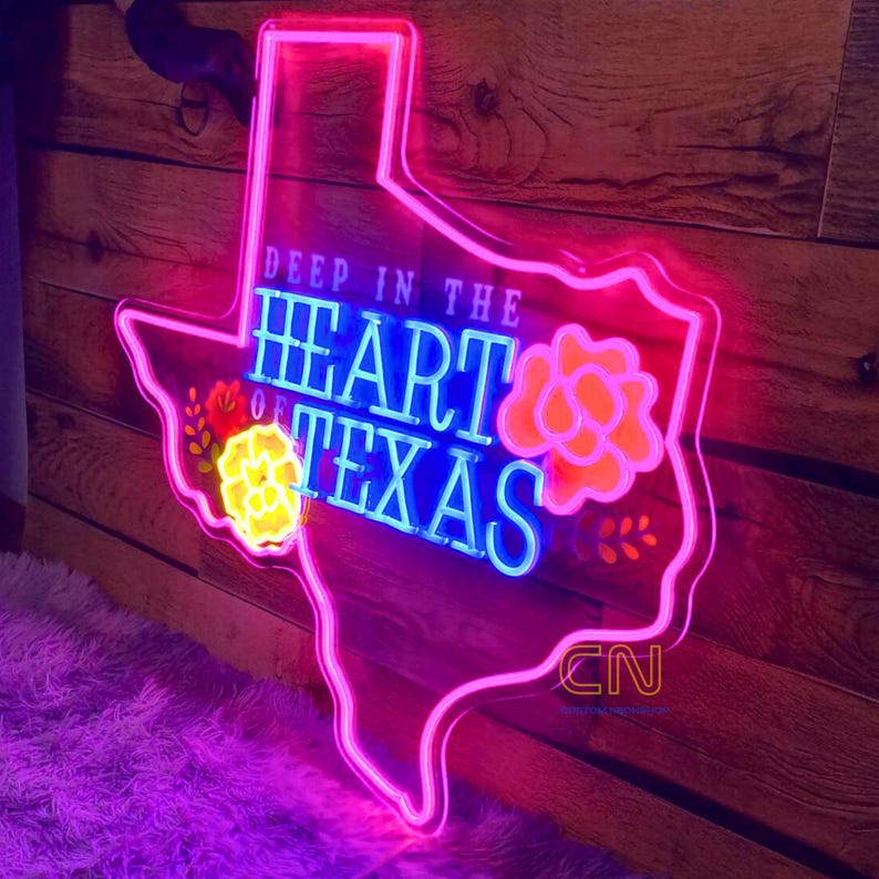 Texas Map LED Neon Sign Light Pop Art, Texas Shaped State Heart Sign ...