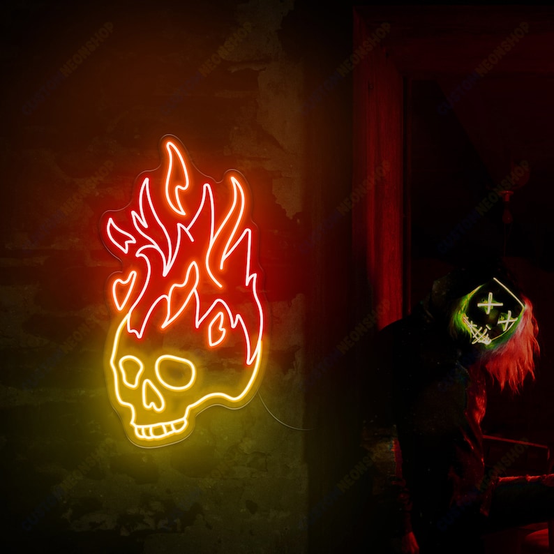 Skull Head Neon Sign Custom Neon Sign Skull Fire Neon Light ...