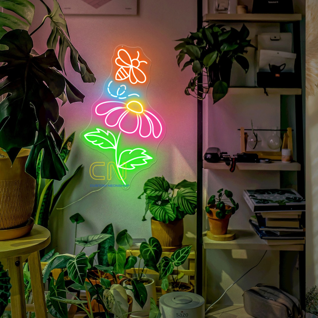 Bee and Flower Neon Sign Flower Neon Sign Custom Plants Neon Sign ...